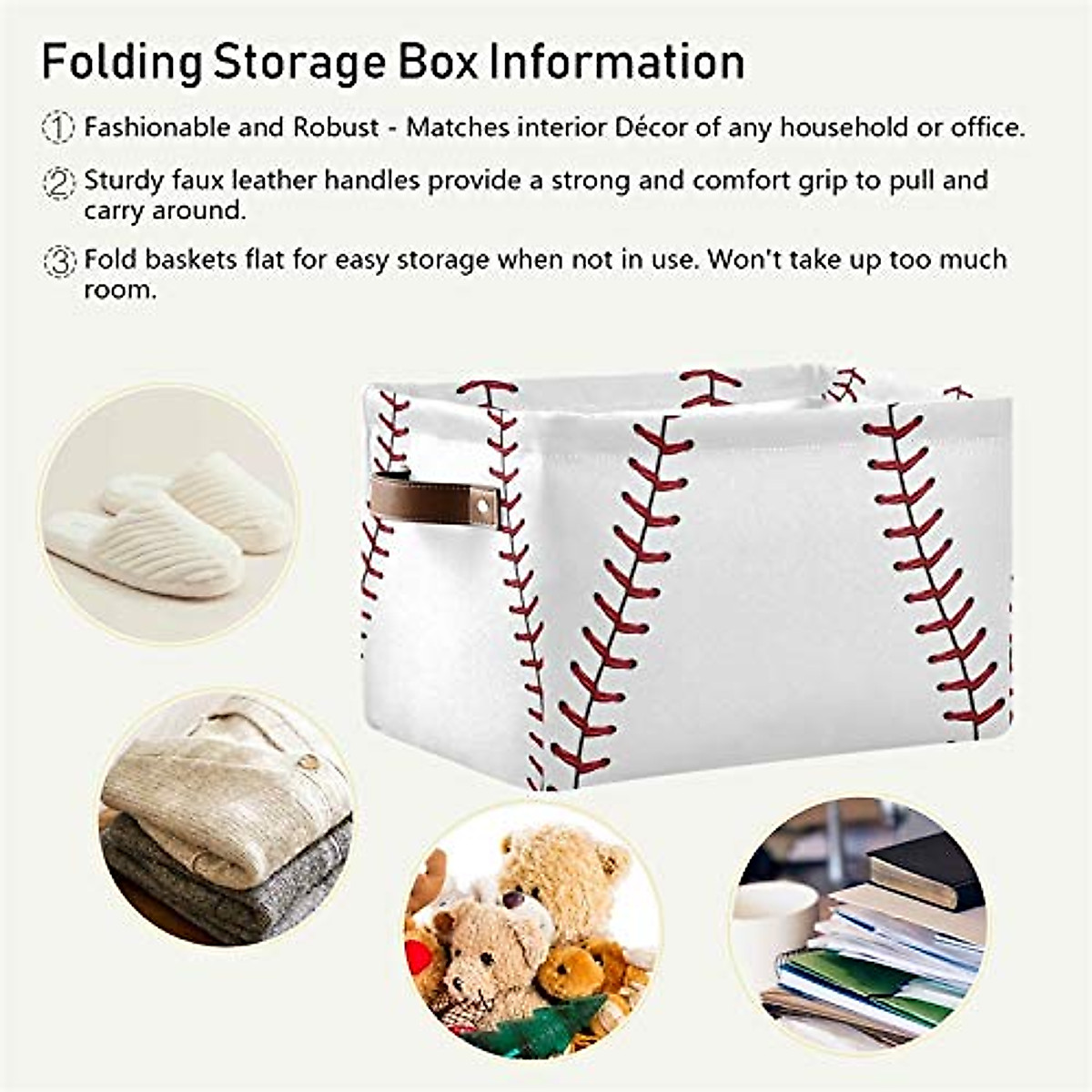 Baseball Lace Sport Foldable Storage Basket, Large Collapsible Organizer Storage Bin Cube Toys Storage Boxes with Handles for Bathroom Kids Nursery Closet Storage, 1 Pack
