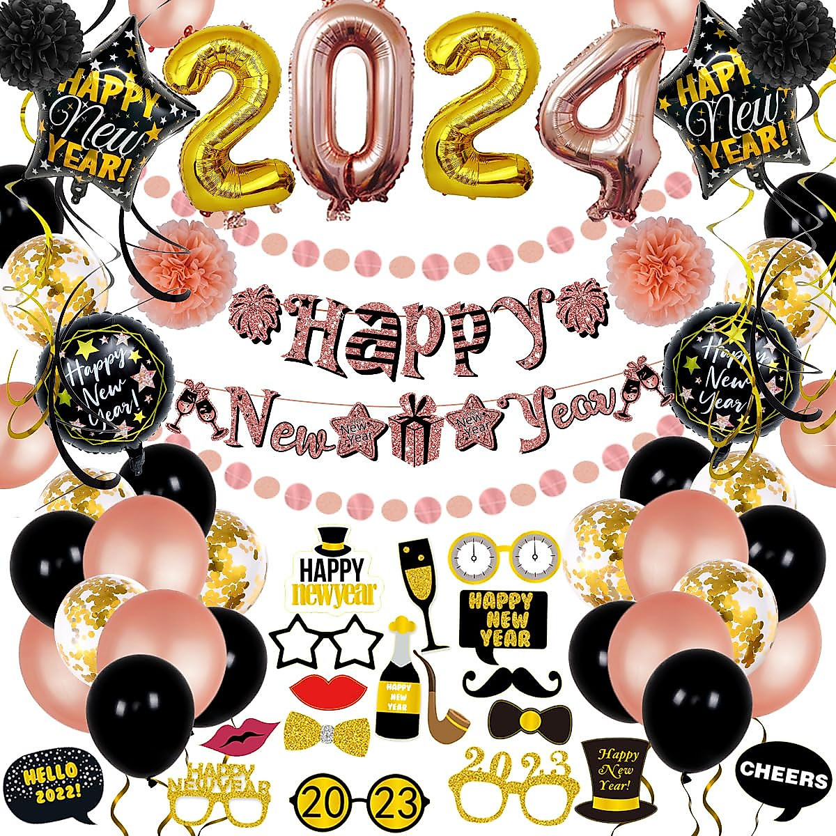 2024 Happy New Year Party Supplies, Foil Balloons Set, Happy New Year Banner, Latex Balloons, Curtains, Paper Pompoms for Home Outdoor Decor New Years Eve Party Supplies 2024, Black and Gold