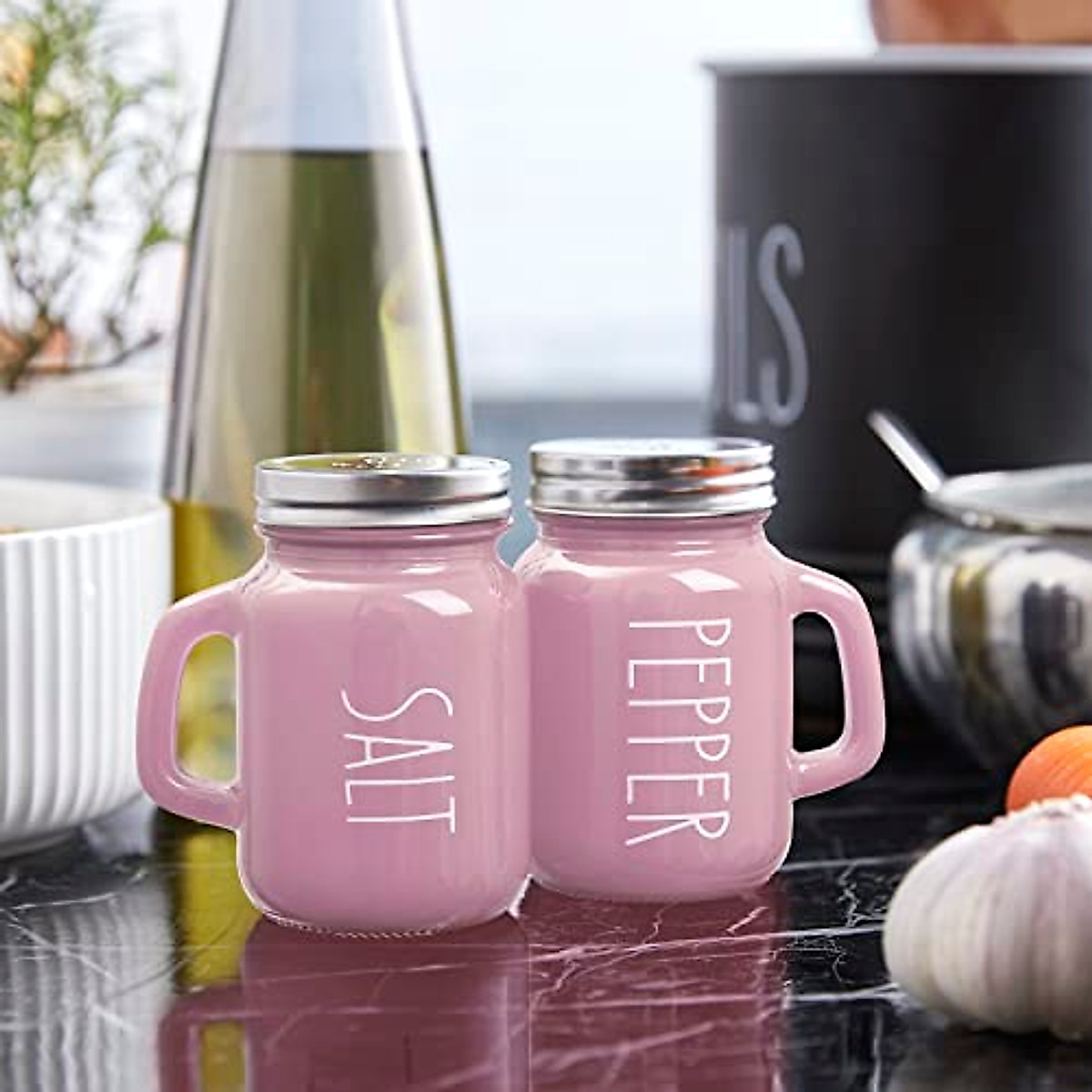Pink Salt and Pepper Shakers Set, Bivvclaz 4 oz Glass Pink Salt Pepper Shaker Set with Stainless Steel Lid, Pink Kitchen Decor and Accessories for Home Restaurants Wedding