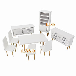 iLAND Dollhouse Furniture on 1/12 Scale of Dining-Room, Wooden Doll House Furniture Miniature of Table Chair & Cabinet (Modern Miniature Furniture 8pcs)