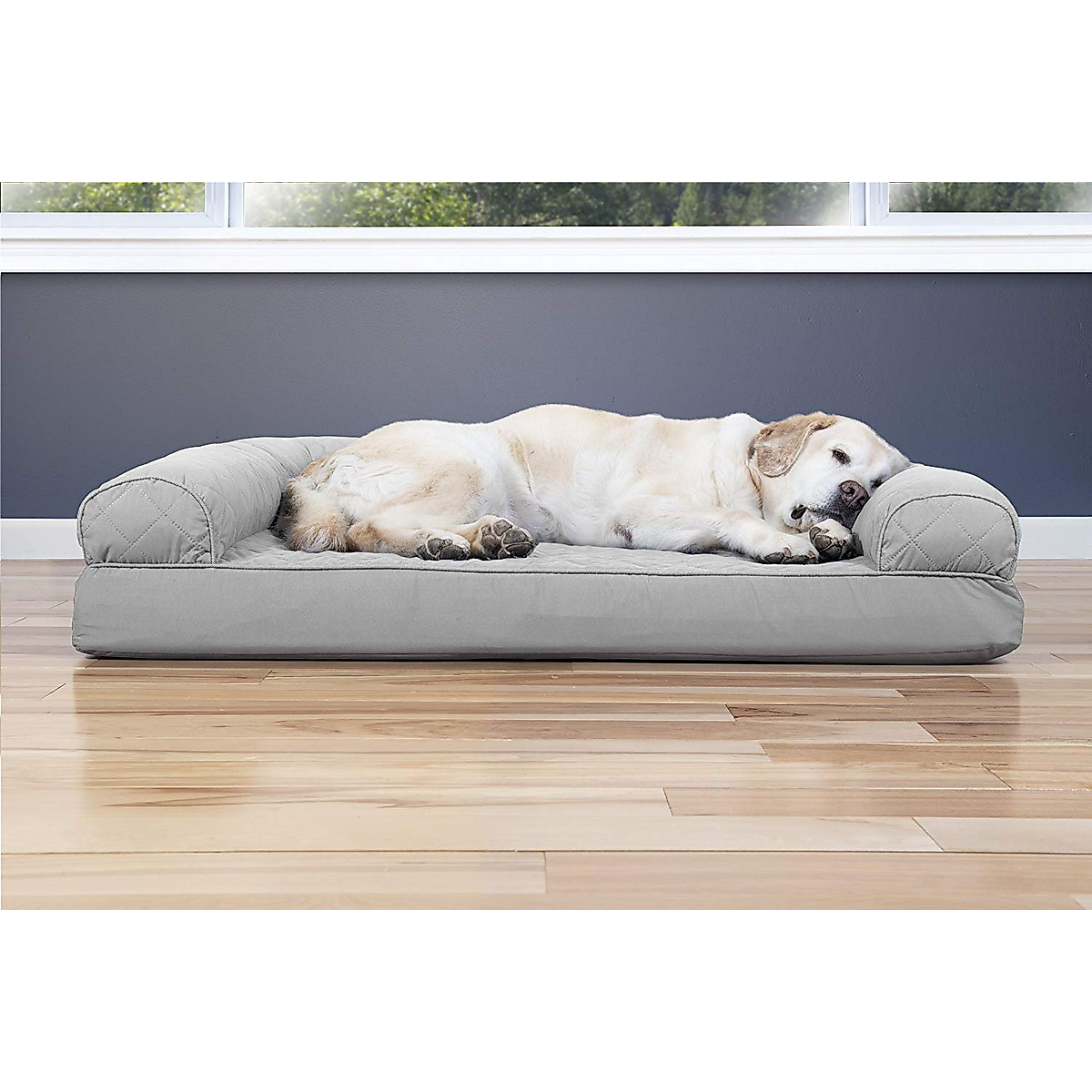 Furhaven Cooling Gel Dog Bed for Large Dogs w/ Removable Bolsters & Washable Cover, For Dogs Up to 95 lbs - Quilted Sofa - Silver Gray, Jumbo/XL