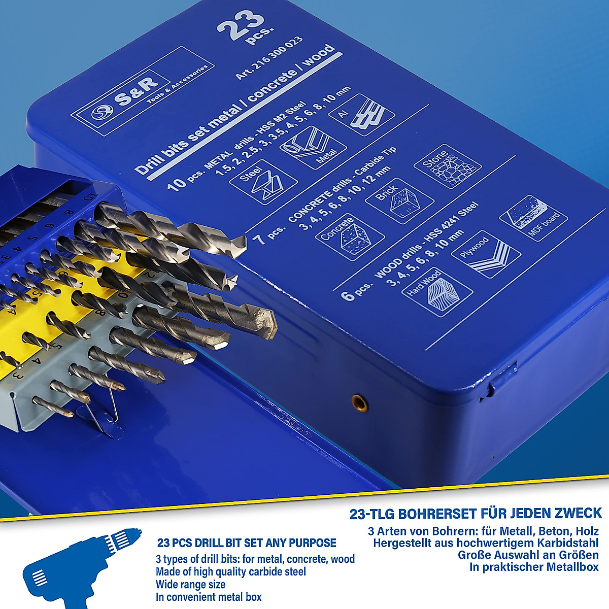 S&R Metal Concrete Masonry Drill Bit Set 23 Pcs. Multi Functional: 10 Metal Drills HSS M2 Steel / 7 Concrete Drills / 6 Wood Drills/Bits Set in Metal Box Multi-Purpose