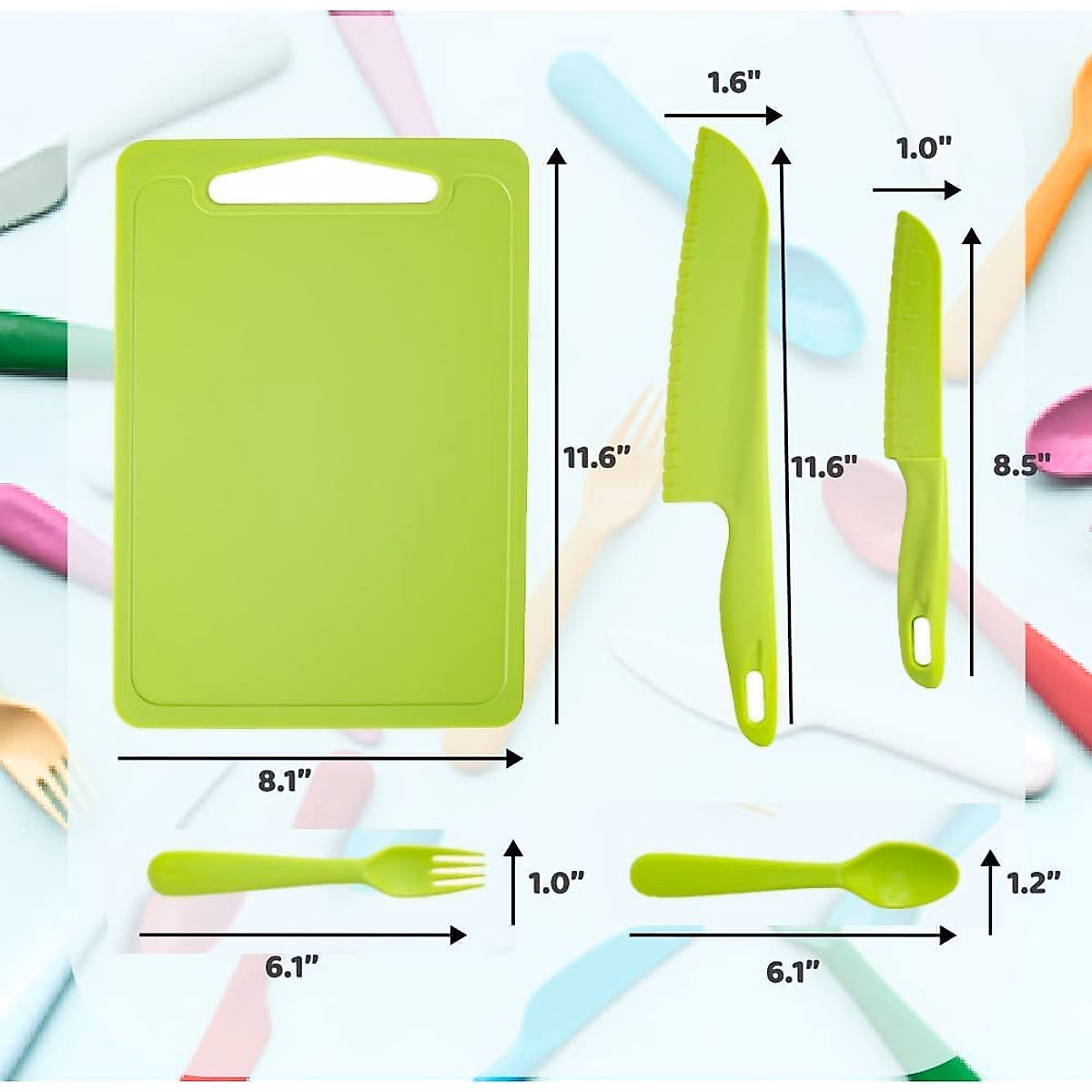 jawbush 11" Large Lettuce Knife with Plastic Cutting Board for Salad to Prevent Browning, Green Nylon Knives Bonus with Fork Spoon, Plastic Kitchen Knife for Veggies, Fruit, Bread, Cake, Salad