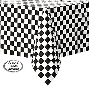 AnapoliZ Black Checkered Tablecloth Plastic | 3 Pcs Pack - 54” Wide x 108” Long | Black and White Checkered Disposable Table Cover | Checkered Flag Tablecloth | Retro, Diner, Racing Party Décor