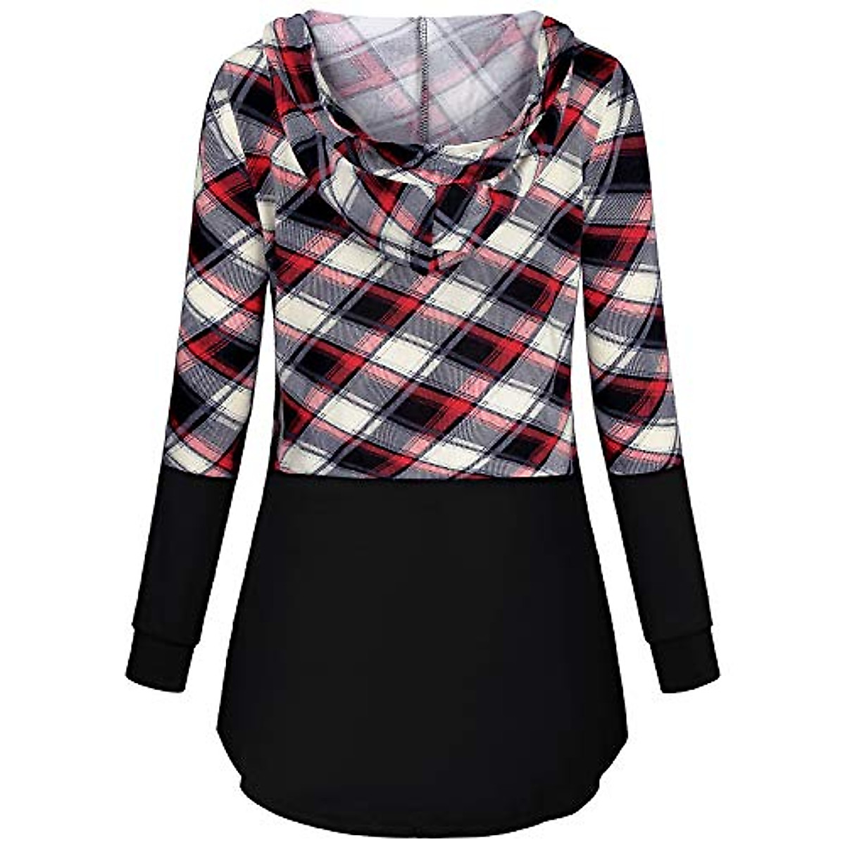 Miusey Knit Hoodie Women,Long Sleeve V Neck Plaid Patchwork Hoodie Polyester Form Fitting Thin Sweatshirt Decorative Wooden Buttons Pocket Fashion Sweaters for Women Black M