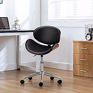 Giantex Mid-Century Home Desk Chair, Faux Leather Armless Office Chair w/Curved Bentwood Seat & Height Adjustable,Ergonomic Modern Rolling Swivel Computer Chair Study Room Office Bedroom,Black