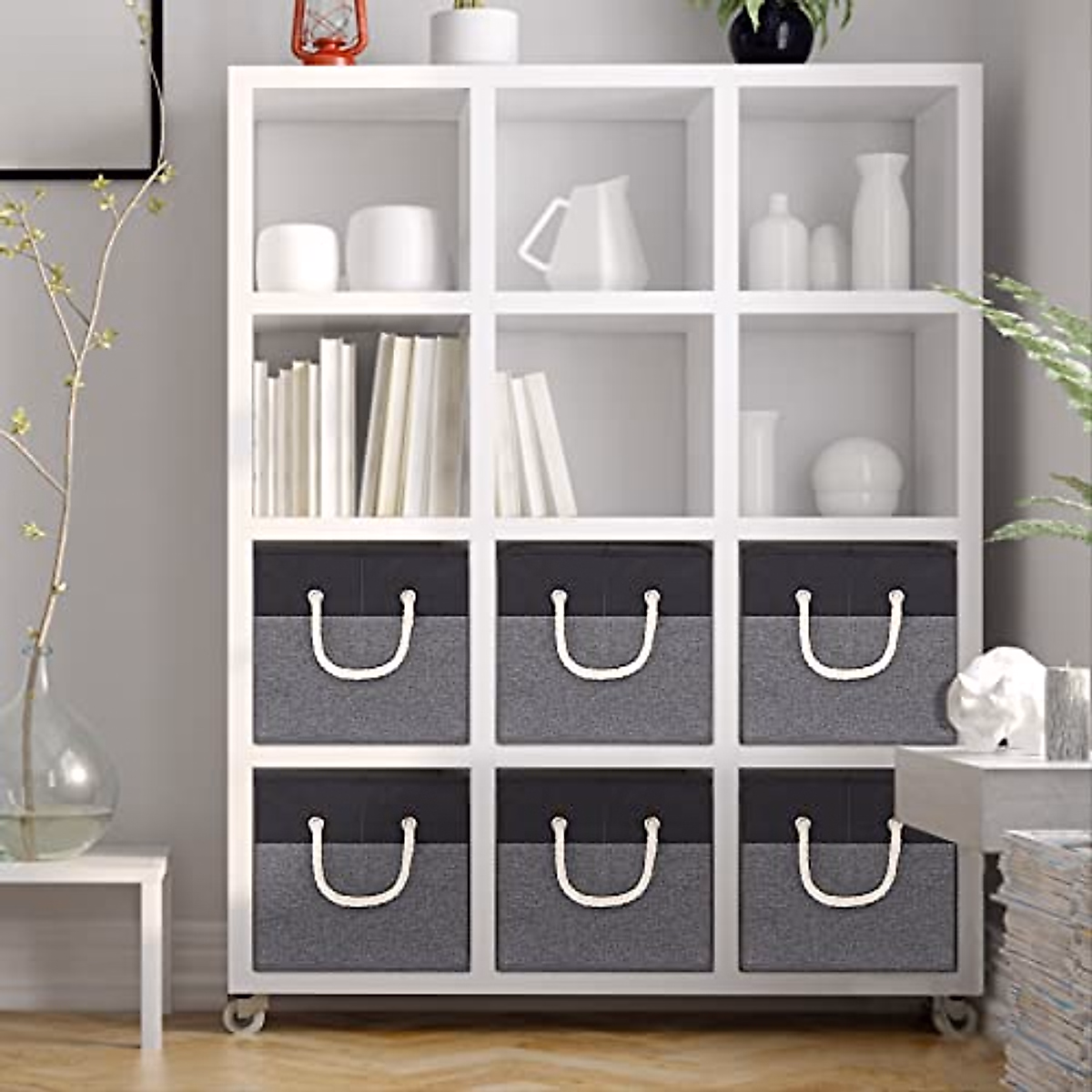 RVSNQ Large Fabric Storage Bins, Closet Storage Bins with Cotton Rope Handle and Label, Foldable Storage Boxes for Organizing, Storage Baskets for Shelves Bedroom Closet Office(3-Pack, Grey&Black)