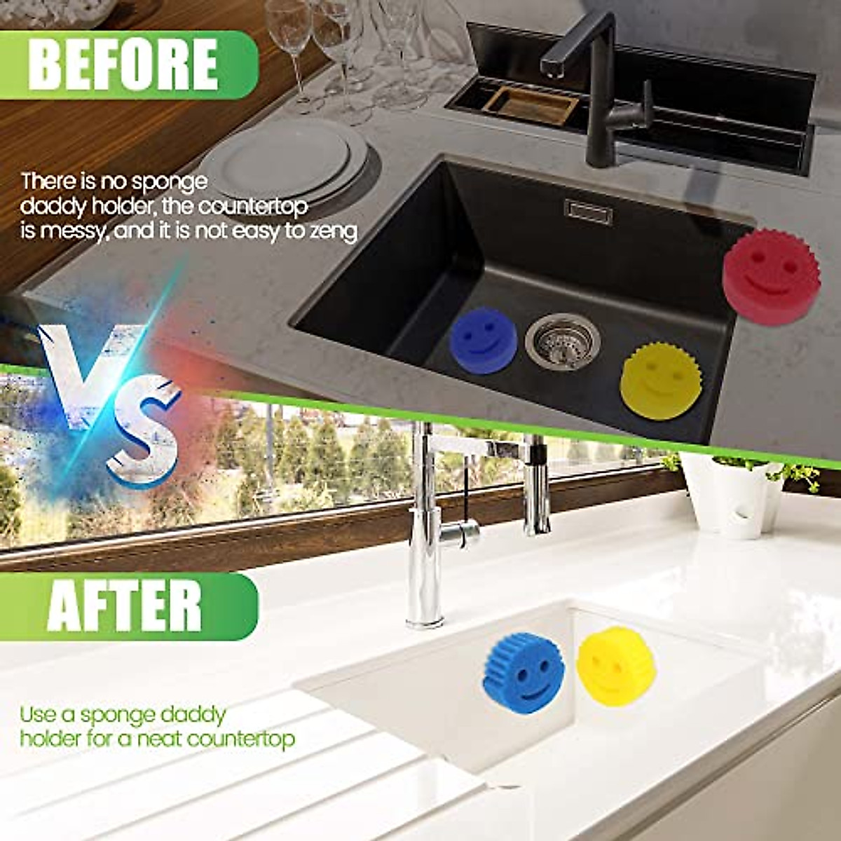 Sponge Holder, Smiley Face Sponge Holder with Suction Cup Mount, Kitchen/Bathroom Sink Sponge Storage, for Round Sponge, Dishwasher Safe