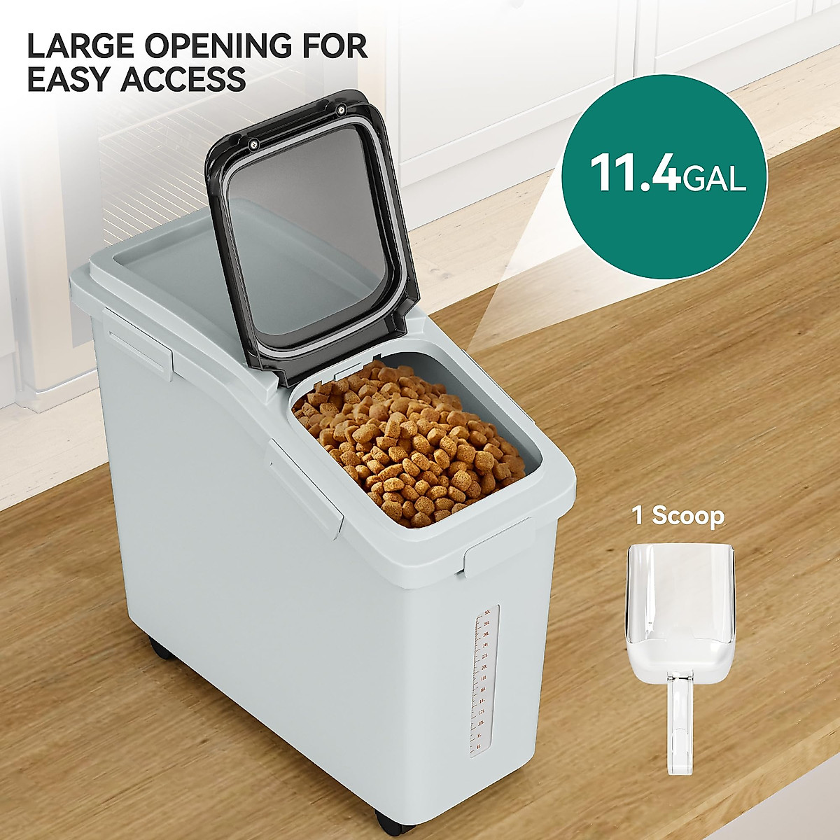 YITAHOME Ingredient Flour Storage Bin, Commercial 11.4-Gallon Flour Storage Container 280 Cups Rice Storage Bins with Wheels Shelf-storage Bin with Scoop and Lid, Rice Bin for Kitchen, Gray