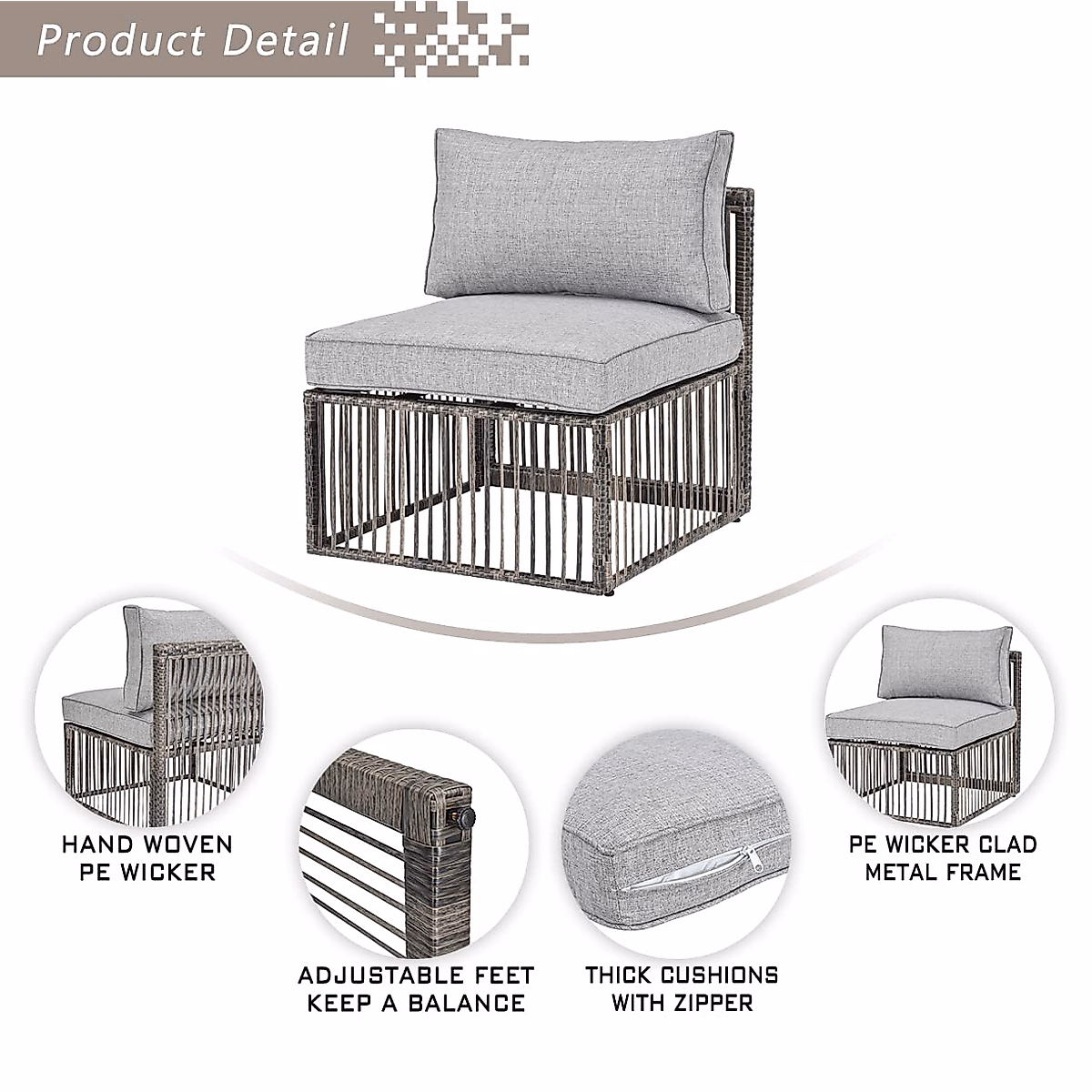 Festival Depot Wicker Patio Single Sofa, Outdoor Armless Chair, All-Weather Brown PE Rattan Couch Chair Waterproof Sectional Furniture for Balcony Garden Pool Lawn Backyard, Grey Thick Cushion