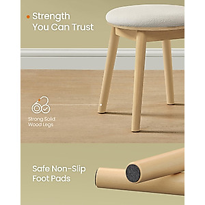 SONGMICS HOME BOHOVEN Collection - Vanity Stool, Upholstered Makeup Stool with Solid Wood Legs, Round Footstool, Non-Slip Foot Pads, Boho Style, for Bedroom, Makeup Room, Cream White and Oak Beige