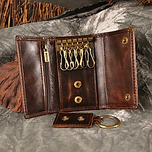 Le'aokuu Mens Genuine Leather Car Key Case Loop Hook Coin Case Cover Wallet Snap (Coffee 2)