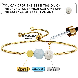 Jardme Essential Oil Diffuser Bracelet, Lava and Rose Quartz Essential Oil Bracelet, Rose Quartz Gemstone Bracelet, Adjustable Gold Bracelet (Blue Aquamarine-14K)