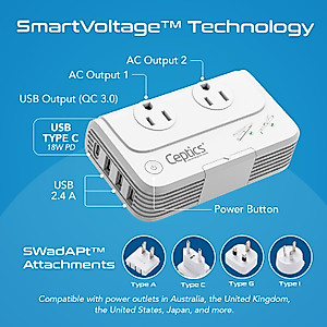 Ceptics 200 W Voltage Converter, Convert 220 V to 110V for Devices Like Curling Iron, Straightener, Chargers, Step Down World Power Plug - 4 USB PD 18W Fast Charging - EU/AU/UK/US Included