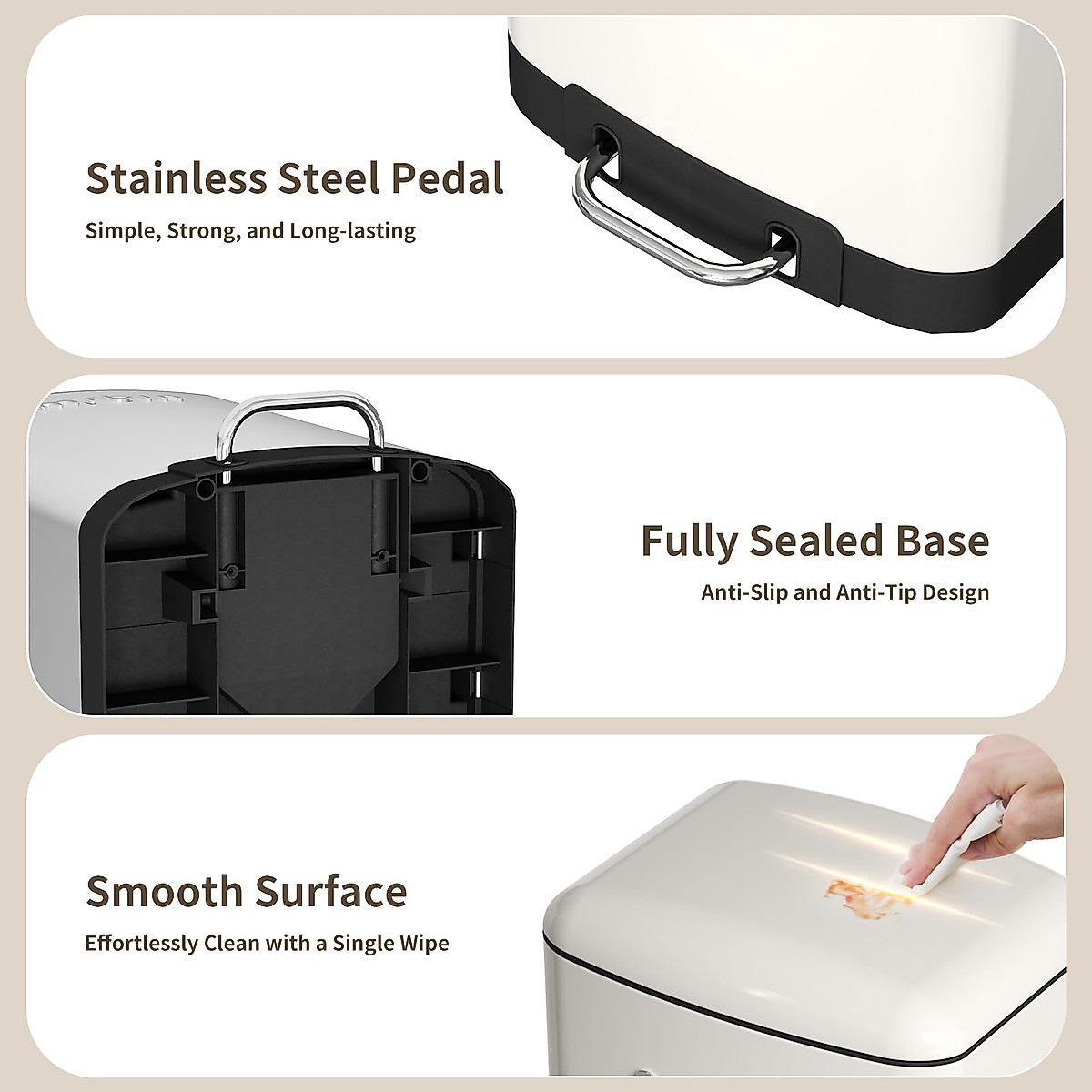 MRBIN Small Bathroom Trash Can with Lid, Metal Step Waste Basket Touchless Soft Close, 6L / 1.6gal Rectangle Garbage Bucket with Stainless Steel Pedal for Kitchen, Office, Bedroom Accessories, White