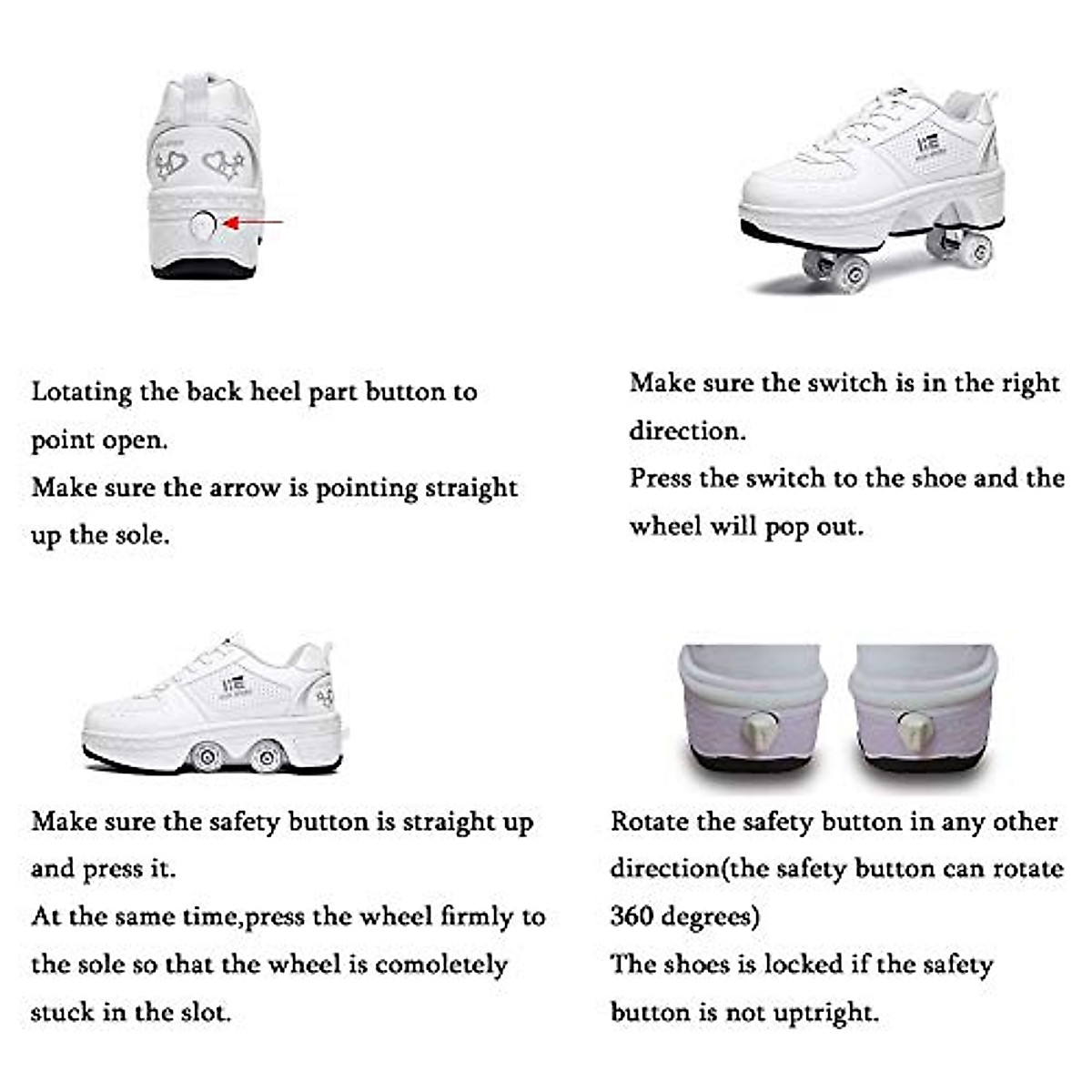 KOFUBOKE Unisex Deformation Roller Skate Shoes Kids Double-Row Walking Shoes with Invisible Wheels Adult 2 in 1 Removable Pulley Parkour Skating (White Without Light, 2.5)