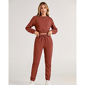 BTFBM Women 2 Piece Outfits Long Sleeve Crop Top Pullover Drawstring Pant Jogger Set Casual Sweatsuits Tracksuit Pockets(Solid Brick Red, X-Large)