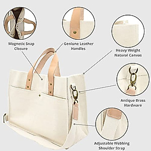 Tocco Goods Natural Canvas Tote Bag Genuine Leather Handles with Crossbody Strap Multiple Pockets Natural Light Tan