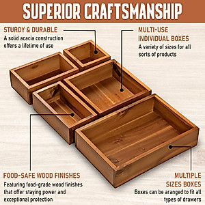 Demigo Acacia Drawer Organizer Set of 5, Cabinet Container Box, Wood Bin Set in Varied Sizes, Dividers Holder for Storage Cooking Utensils Spices Tea Bags Foods Office Items (Brown)