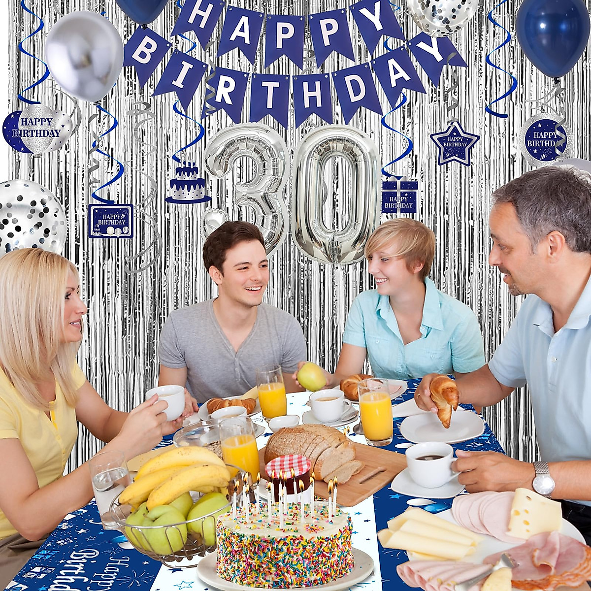 30th Birthday Decorations for Him, Blue and Silver 30th Birthday Party Decorations for Men, Happy Birthday Banner 30th Birthday Balloons Tablecloth Fringe Curtains Hanging Swirls Bday Party Supplies