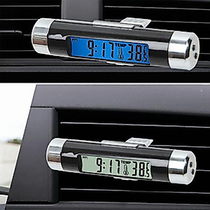 Car Clock Temperature Gauge, 2 in 1 Car Electronic Clock Thermometer Luminous LED Digital Display Air Vent Outlet Thermometer with Blue Backlight