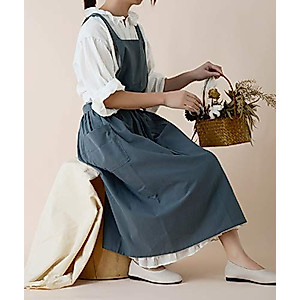 TALIBSA Pinafore Apron Dress，Japanese Cotton Linen Cross Back Apron for Women with Pockets，Pinafore Dress with Waist Ties (Turquoise Blue)