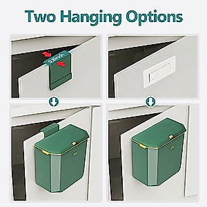 WOA WOA 2.4 Gallon Hanging Trash Can for Kitchen, Small Garbage Bin with Lid for Bathroom Bedroom, Mountable Cabinet Compost Bin Under Sink, Wall Mounted Waste Bucket - Green