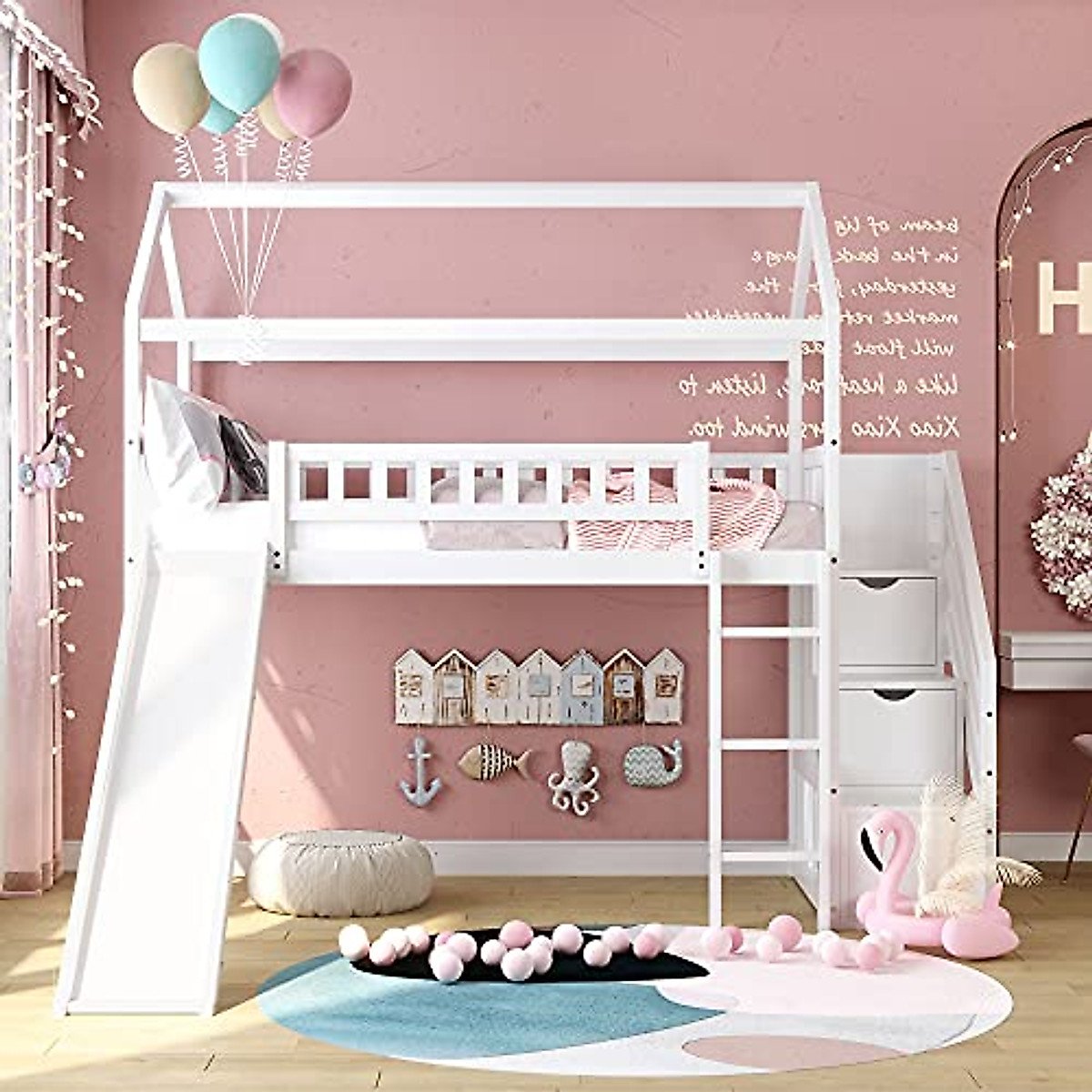 Merax Twin Loft Bed with Two Drawers and Slide, Wood House Bed with Roof and Guardrails for Boys & Girls (White)