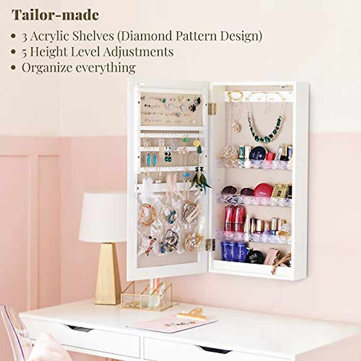 LUXFURNI Small Mirror Jewellery Cabinet Wall-Mount/Door-Hanging Armoire, Lightweight Storage Organizer