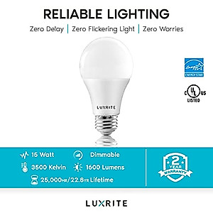 LUXRITE A19 LED Light Bulbs 100 Watt Equivalent Dimmable, 3500K Natural White, 1600 Lumens, Enclosed Fixture Rated, Standard LED Bulbs 15W, Energy Star, E26 Medium Base - Indoor and Outdoor (4 Pack)