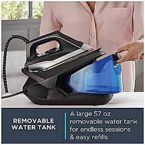 Rowenta Compact Stainless Steel Soleplate Professional Steam Station for Clothes, 57 Ounce Removable Tank, Lightweight, Compact 1500 Watts Iron, Fabric Steamer, Garment Steamer Black and Blue, VR8324.