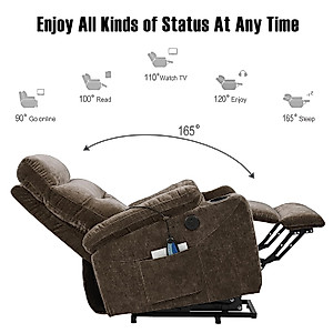 HLRAHOME Electric Power Lift Recliner Chair Sofa with Massage and Heat,3 Positions,2 Side Pockets and Cup Holders,USB Ports, High-end Quality Fabric for Home Living Room Bedroom Brown