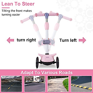 Wheelive 2 in 1 Kick Scooter with Removable Seat, 3 LED Wheels Kick Scooter for Kids, 4 Adjustable Height & Foldable Design Toddler Scooters Sit or Stand Ride for Boys & Girls 2-8 Years Old (Pink）