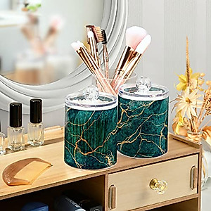 xigua 4 Pack Gold Green Marble Apothecary Jars with Lid, Qtip Holder Storage Containers for Cotton Ball, Swabs, Pads, Clear Plastic Canisters for Bathroom Vanity Organization (10 Oz)