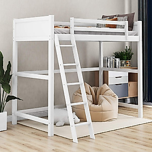 Harper & Bright Designs Loft Bed with Ladder and Safety Rail, Hight Loft Bed Twin Size, Wooden Loft Bed Frame, Twin Size Loft Bed for Decoration of Various Rooms (White)