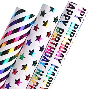Ribbli Birthday Wrapping Paper Iridescent Gift Wrap Mini Roll, 3 Rolls Happy Birthday Stars Stripes Printed for Boys Kids - 17 inch x 120 inch(10feet) Per Roll