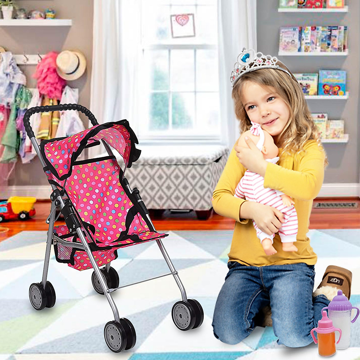 fash n kolor - My First Baby Doll Stroller - Pink Polka Dot Doll Stroller with Basket- Soft Grib Handle. Foldable with Hood Toy Doll Pram Baby Doll Accessories. With 2 Free Bonus Doll Bottles Included