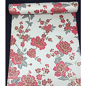Moyishi Vintage Floral Flower Paper Peel & Stick Shelf Liner Dresser Drawer Sticker 17.7''x78.7'' (Red)