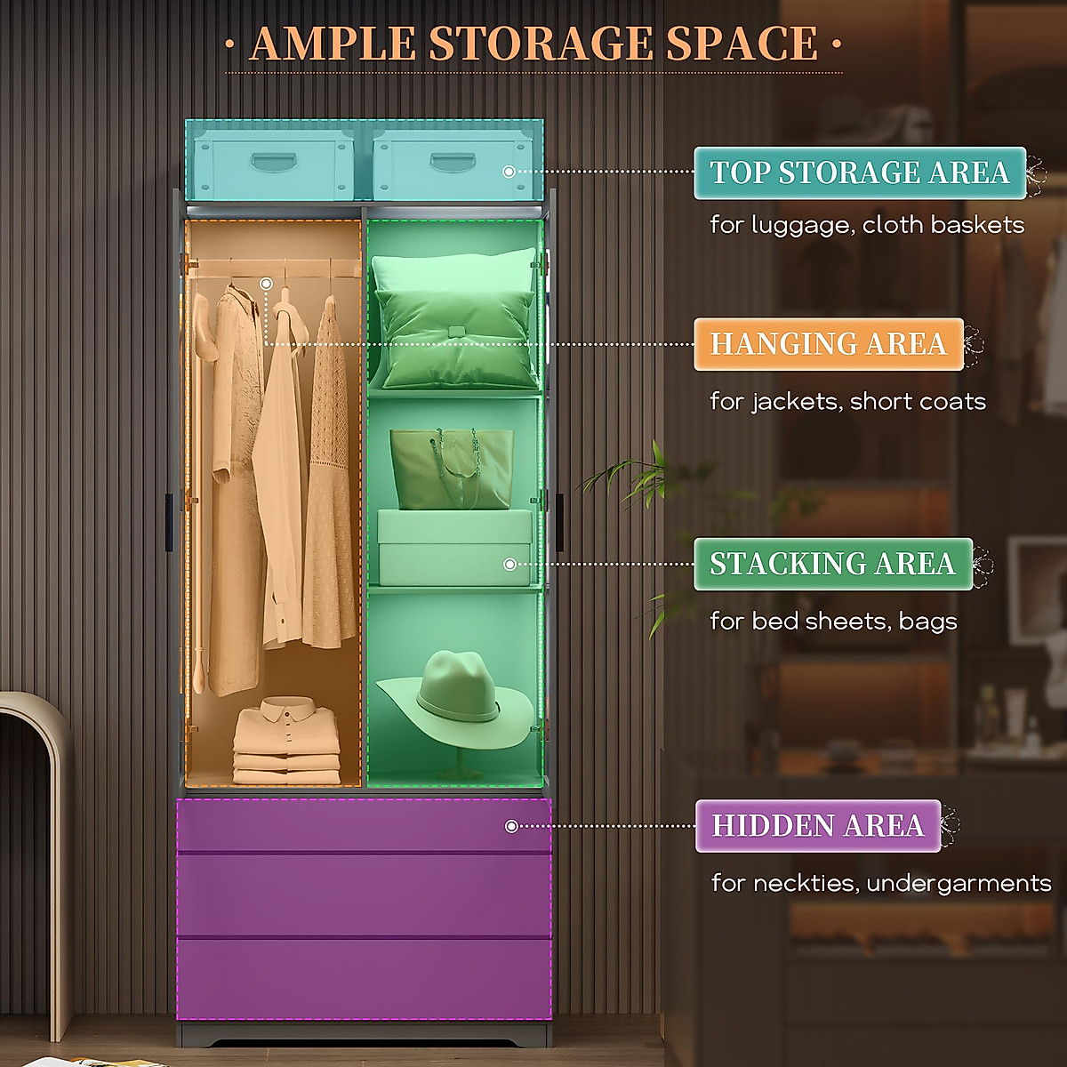 Vlsrka LED Armoire Wardrobe Closet Cabinet with 3 Drawers, 2 Doors Bedroom Storage Wardrobe with Lights, Adjustable Shelves, Hanging Rod, Modern Design, Grey - 70"