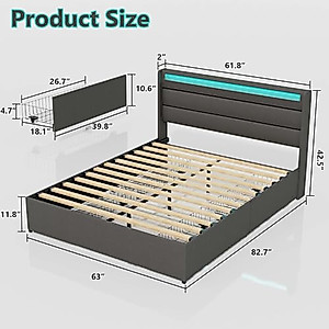ClouDDwell Queen Bed Frame with RGBW LED Lights, Upholstered Headboard & 4 Storage Drawers, Thickened Hardwood Slats, Dark Grey