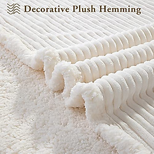 LBRO2M Striped Sherpa Fleece Bed Blanket Queen Size, Super Soft Fuzzy Plush Warm Cozy Fluffy Microfiber Couch Throw Velvet Double Reversible Luxurious Blankets (90x90),Ivory