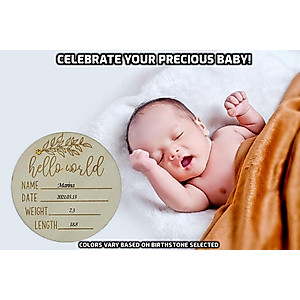 Baby Luv Hello World Announcement Sign with Custom Birthstone and Bonus Free Pen by BABY. Compact 4 Inch Birth Sign. Wooden Disc Announcements 1 Count. Newborn Sign-May, Green