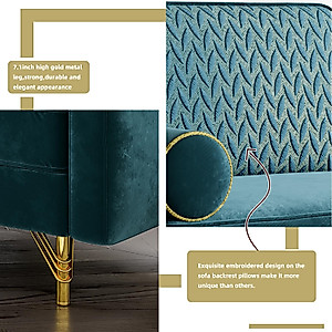 YaoYaoJia 79'' Luxury Velvet Sofa,Mid-Century Modern Loveseat with Bolster Pillows,3 Seater Sofa with Gold Metal Legs,Comfy Couches for Living Room Bedroom Apartment (Teal)