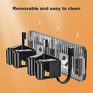 Saterkali Mop Broom Holder Wall Mount Wood Broom Mop Hanger Duty Punch-Free Organizer Garage Laundry Closet Indoor/Outdoor Storage Hanger Grey