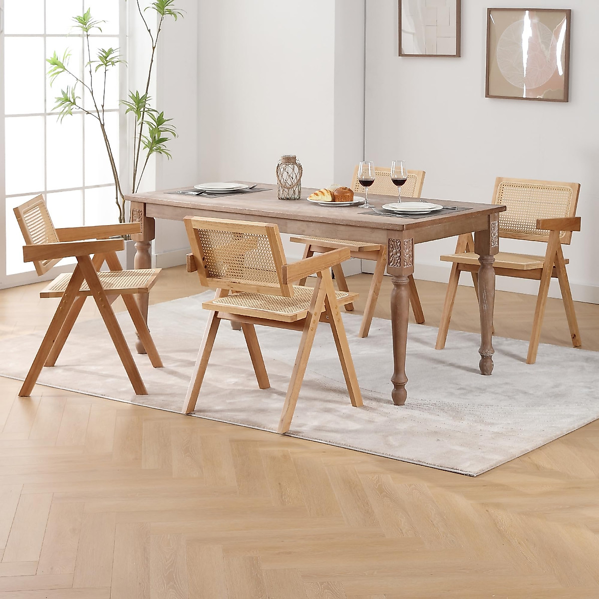 Westice Rattan Dining Chairs Set of 6, Wooden Kitchen Chairs with Faux Cane Seat & Backrest, Solid Wood Legs, Comfy Farmhouse Retro Side Chair for Indoor Dining Room, Natural