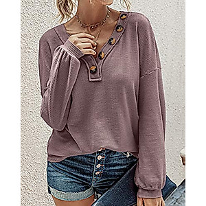 BTFBM Women Waffle Knit Shirts V-Neck Long Sleeve Casual Slouchy Loose Blouses Plain Faux Button Lightweight Pullover (Purple, Large)