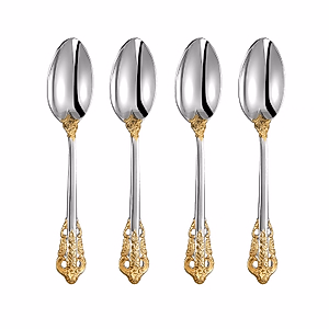 KEAWELL Luxury 7" Tea Spoon, Set of 4, 18/10 Stainless Steel, Sturdy Dessert Spoon, Gorgeous Design with Exceptional Mirror Polished Finish (Gold Accent)