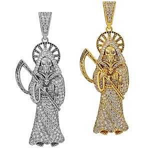 Solid 925 Sterling Silver - Large Men's Grim Reaper Death Pendant - Iced Santa Muerte Piece - Great Necklace (gold-plated-silver)