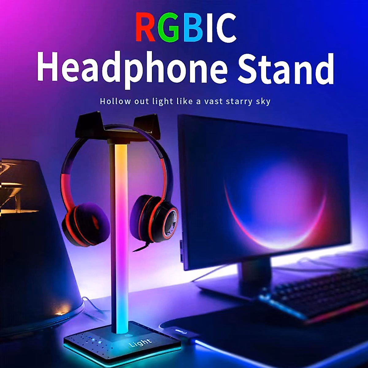 MOCIUN USB Gaming Desktop Headphone Display Stand, RGB Gaming Headphone Stand with Usb2.0 Hub and 3.5mm Port Audio T-ouch Control Led Strip Lamp (A)