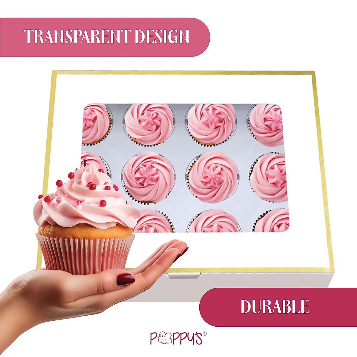 Gold-Trimmed Cupcake Boxes - 12 Count Cupcake Containers with Removable Inserts, Transparent Window Cupcake Holder (5 Pack)